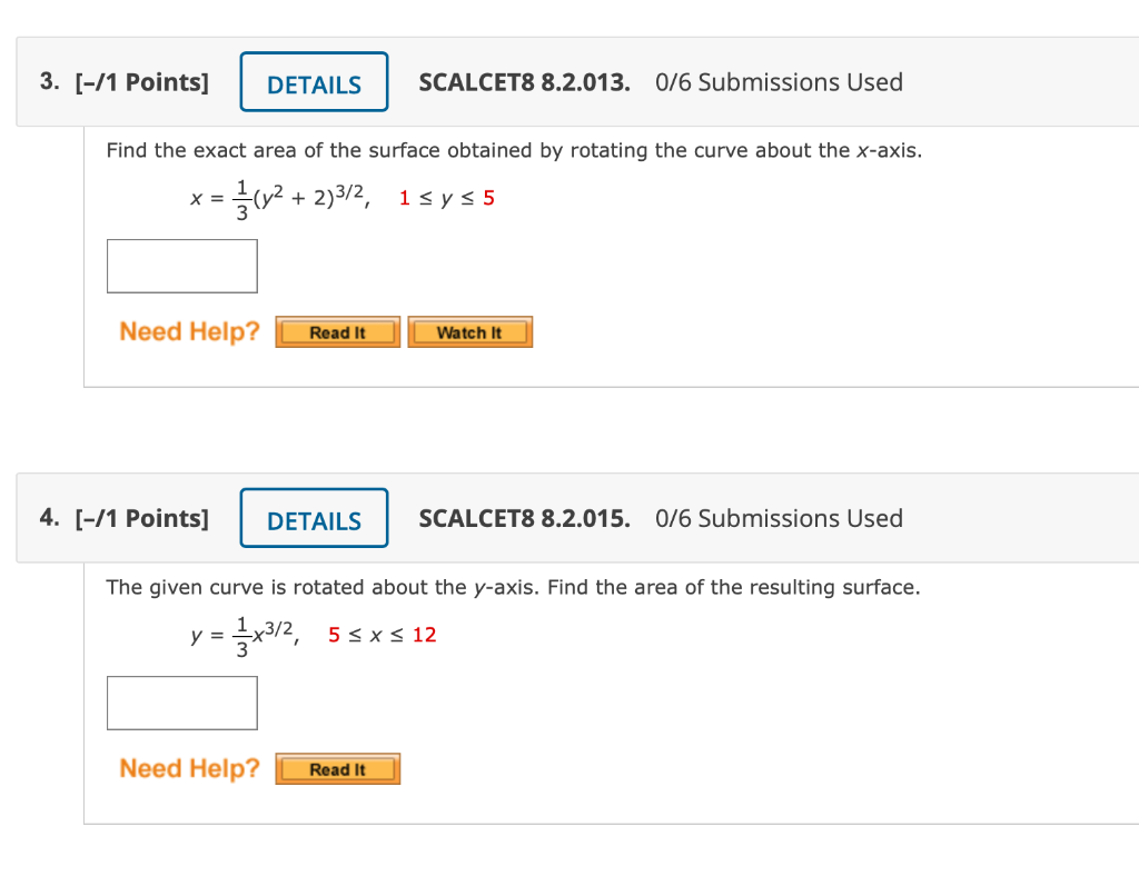 Solved 3. (-/1 Points] DETAILS SCALCET8 8.2.013. 0/6 | Chegg.com