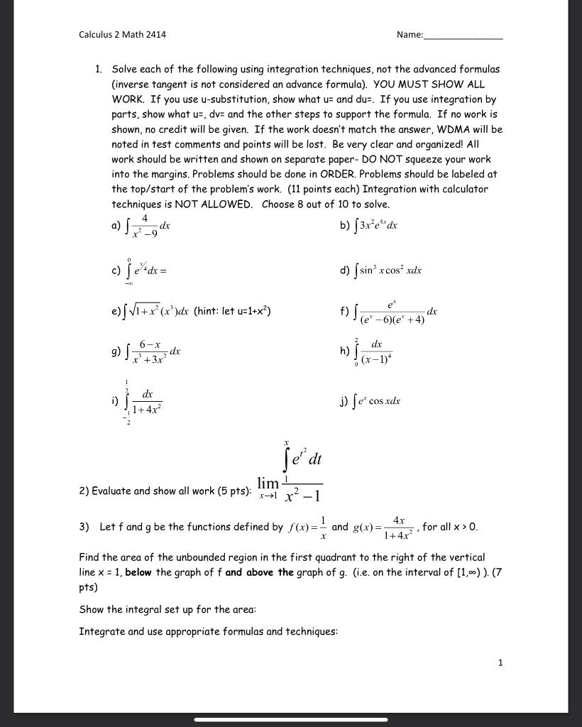 Solved Calculus 2 Math 2414 Name: 1. Solve each of the | Chegg.com