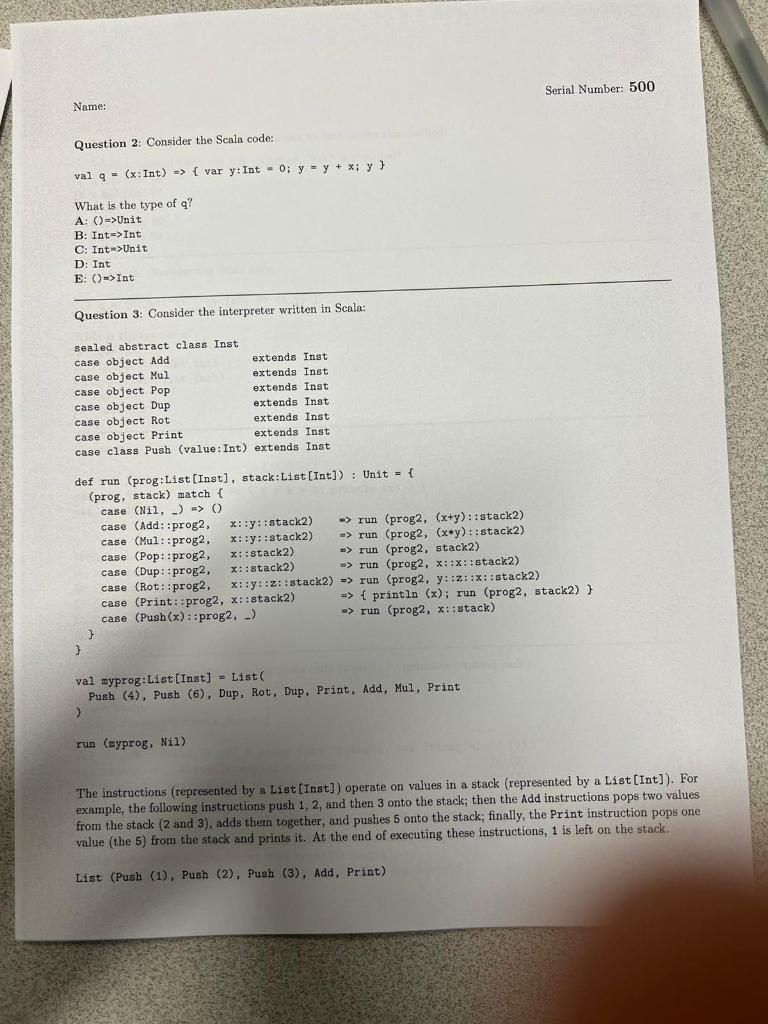 Solved Serial Number: 500 Name: Question 2: Consider the | Chegg.com