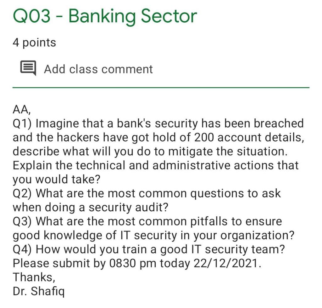 Solved QO3 - Banking Sector 4 points Add class comment AA, | Chegg.com