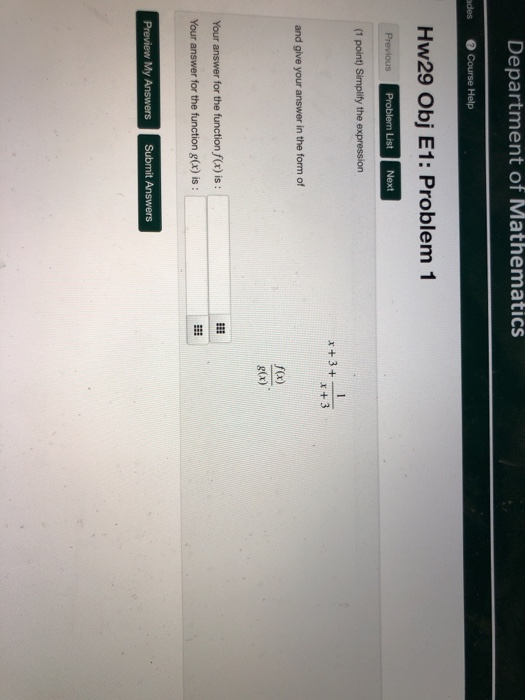 Solved Department of Mathematics Hw29 Obj E1: Problem 1 (1 | Chegg.com Solved Department of Mathematics Hw29 Obj E1: Problem 1 (1 | Chegg.com
