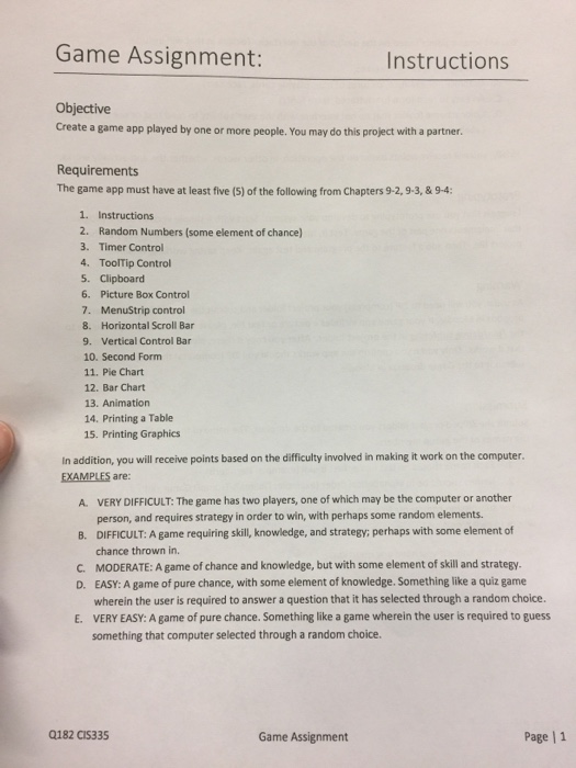 Game Assignment: Instructions Objective Create a game | Chegg.com