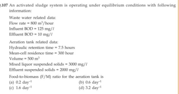 Solved 107 An activated sludge system is operating under | Chegg.com