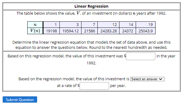 Solved Linear Regression The table below shows the value, V, | Chegg.com