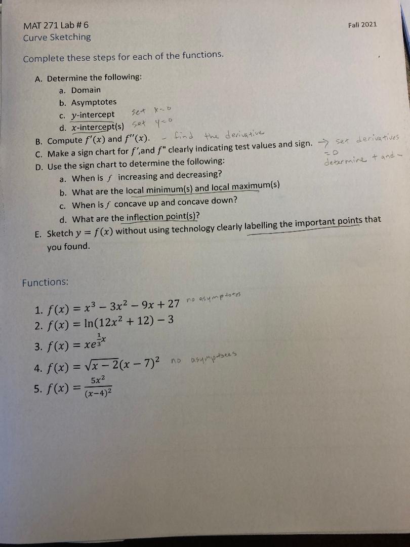 Solved Fall 2021 MAT 271 Lab # 6 Curve Sketching Complete | Chegg.com