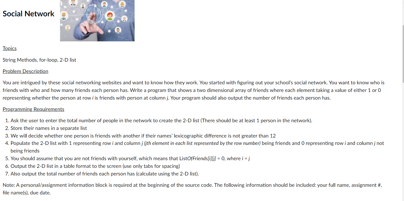 Solved Social Network Topics String Methods, for-loop, 2-D | Chegg.com