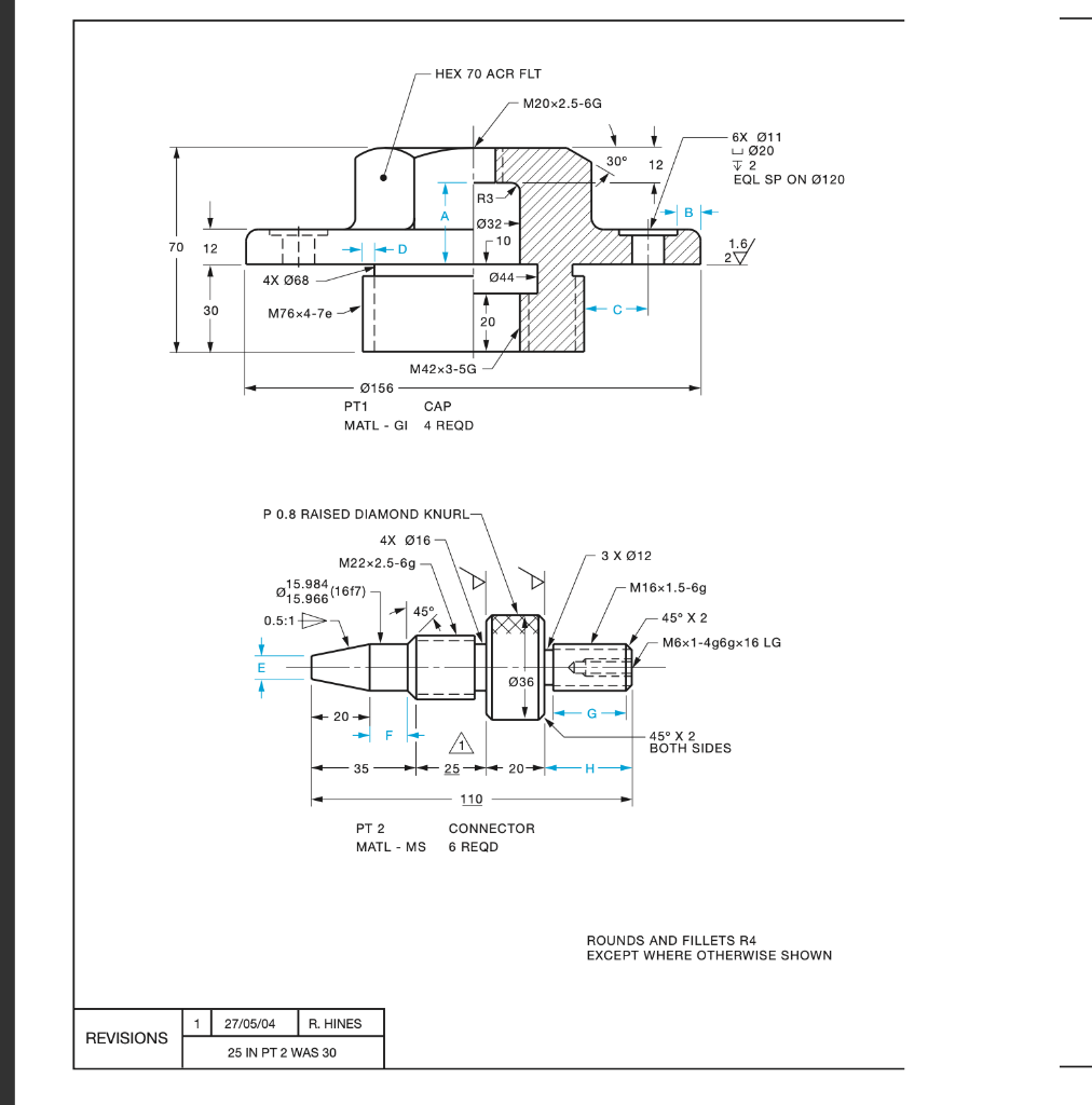 Solved HEX 70 ACR FLT M20x2.5-6G 1 30° 12 6X 011 20 2 EQL SP | Chegg.com