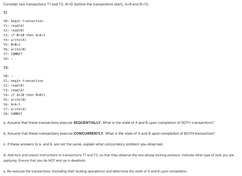 Consider two transactions T1 and T2. At to (before | Chegg.com