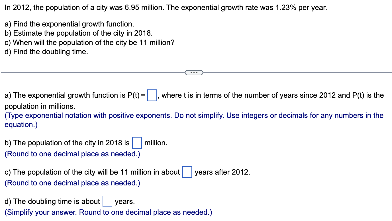 Solved In 2012 , the population of a city was 6.95 million. | Chegg.com