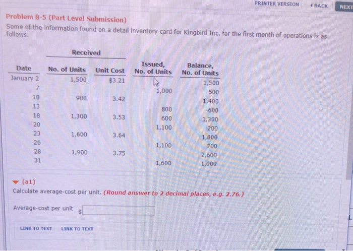 Solved BACK EXT PRINTER VERSION Problem 8-5 (Part Level | Chegg.com