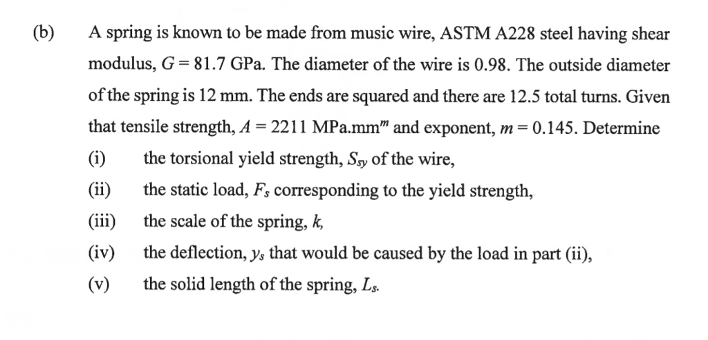 Solved (b) A spring is known to be made from music wire, | Chegg.com