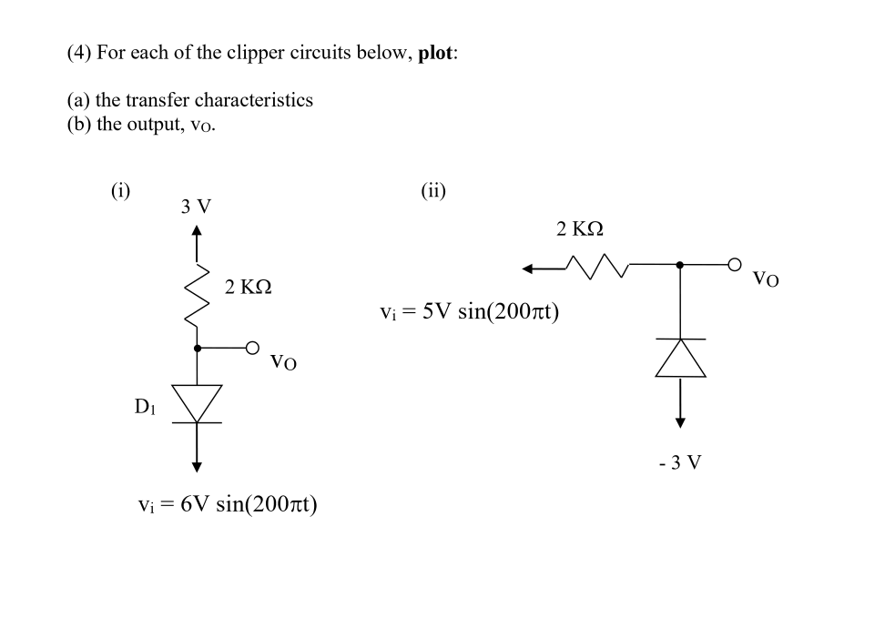 Solved (4) For each of the clipper circuits below, plot: (a) | Chegg.com