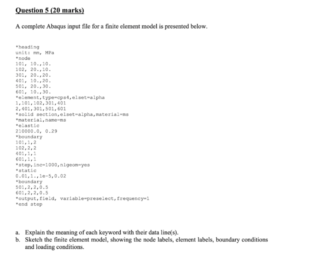 Question 5 (20 marks) A complete Abaqus input file | Chegg.com