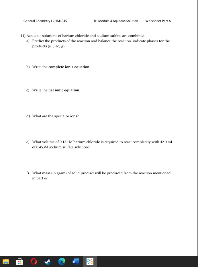 Solved General Chemistry I CHM1045 TH Module 10 Aqueous | Chegg.com