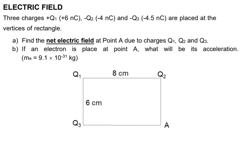 Solved ELECTRIC FIELD Three charges +Q1 (+6 nC), -Q2 (-4 nC) | Chegg.com