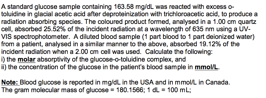 Solved A standard glucose sample containing 163.58 mg/dL was | Chegg.com