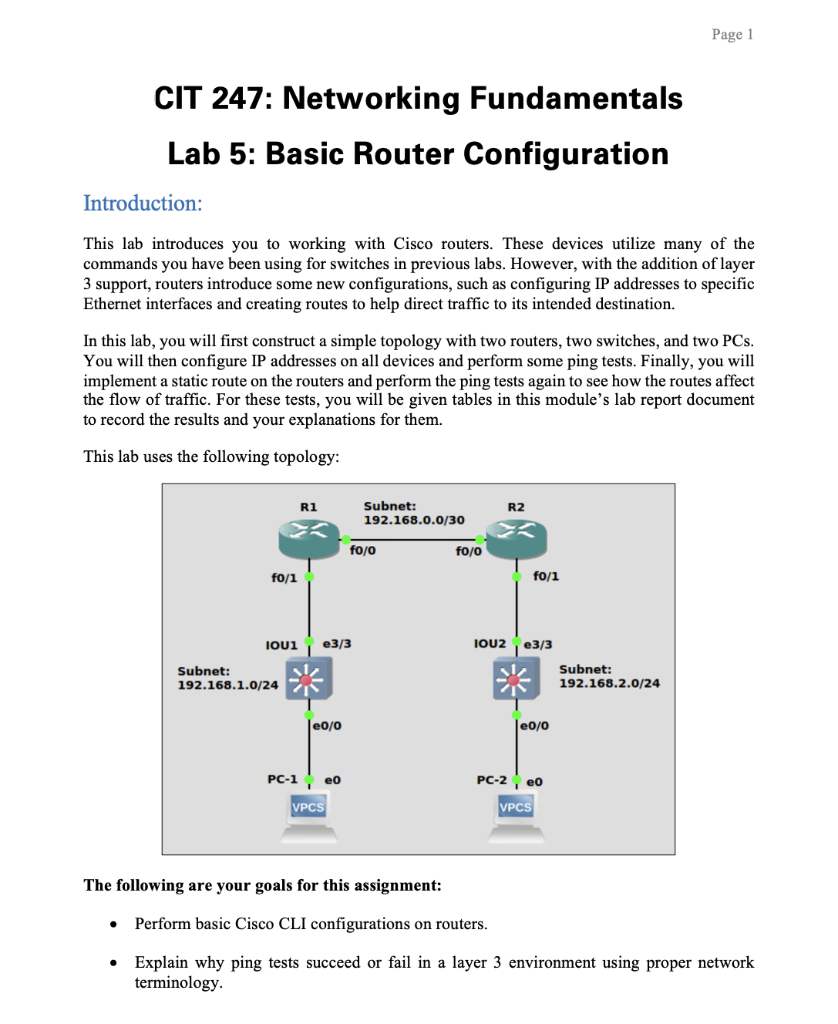 Solved CIT 247: Networking Fundamentals Lab 5: Basic Router | Chegg.com