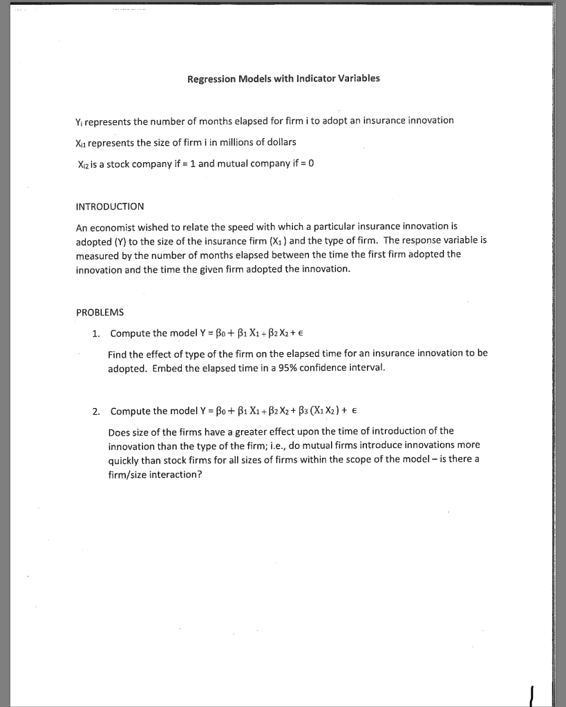 Regression Models with Indicator Variables Yi | Chegg.com