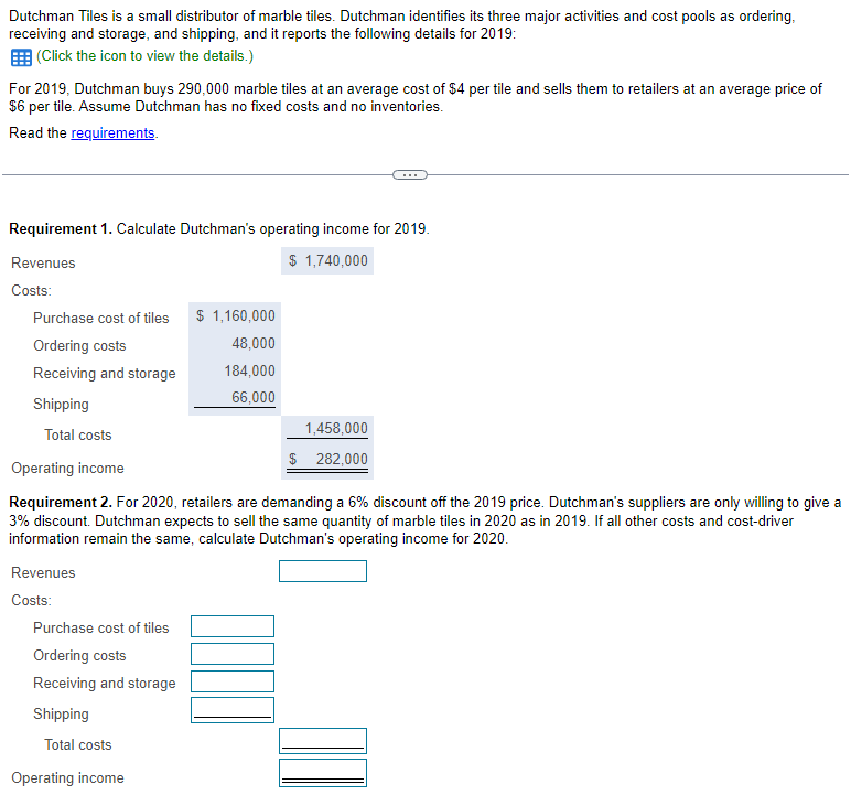 Solved Dutchman Tiles is a small distributor of marble | Chegg.com