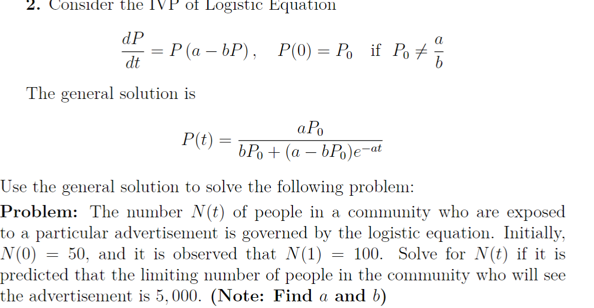 Solved 2. Consider the IVP of Logistic Equation dP dt = P(a | Chegg.com