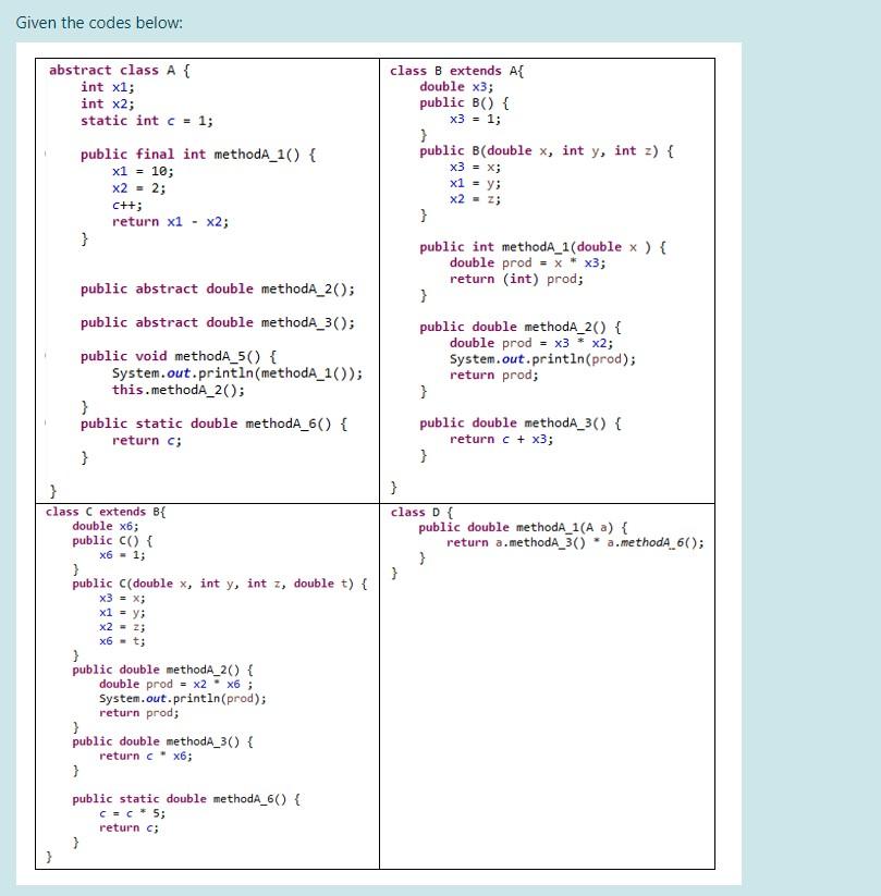 Solved Given the codes below: abstract class A { int X1; int | Chegg.com