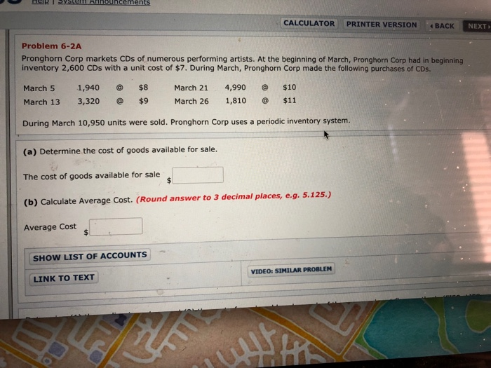 Solved CALCULATOR PRINTER VERSION BACK NEXT Problem 6-2A | Chegg.com