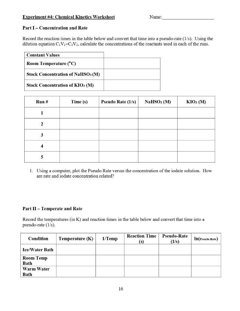 Experiment #4 Chemical Kinetics, Temperature and | Chegg.com
