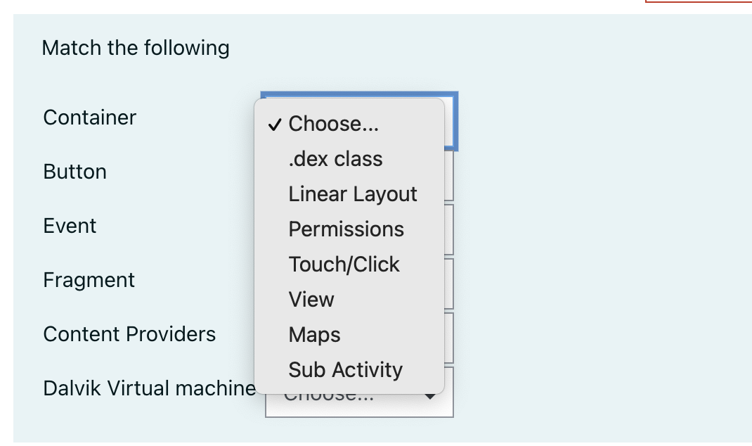 Solved Match the following Container Button Event Fragment | Chegg.com