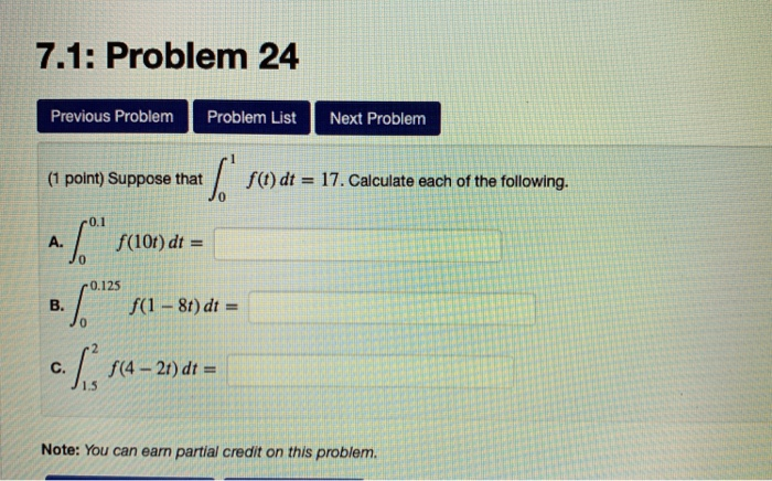 Solved Suppose that f(t) dt = 17 from 0 to 1. calculate each | Chegg.com