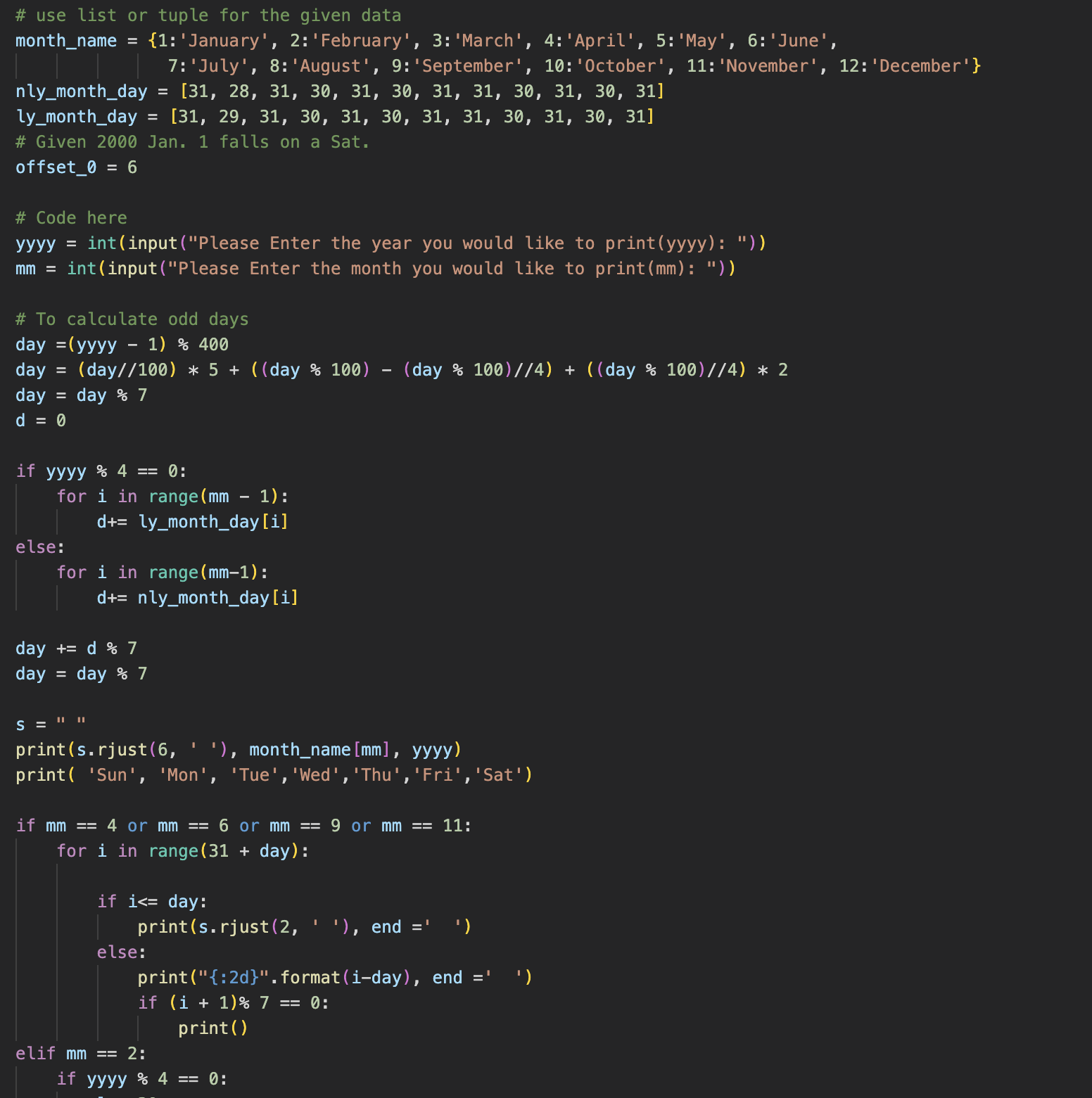 Solved Make a calendar for a given year (12 months calendar) | Chegg.com