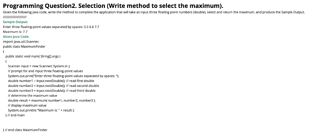 Solved Programming Question2. Selection (Write method to | Chegg.com