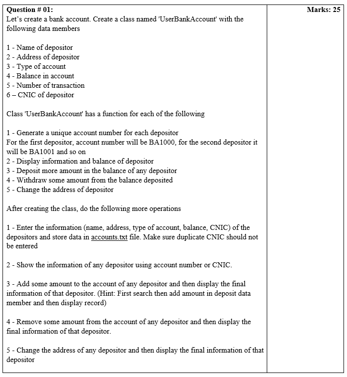 Solved Marks: 25 Question #01: Let's create a bank account. | Chegg.com
