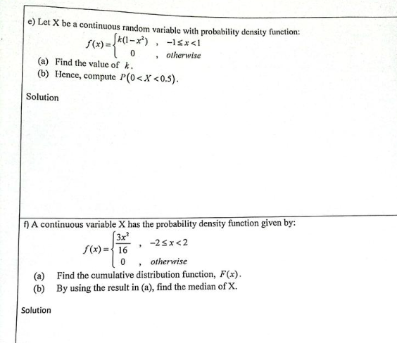 Solved e) Let X be a continuous random variable with | Chegg.com