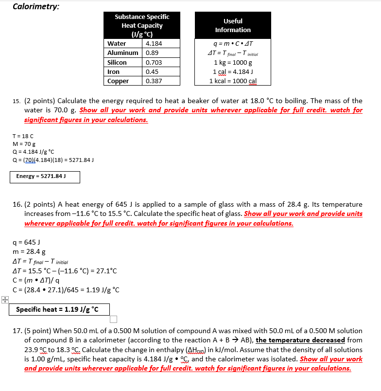Solved Calorimetry Useful Information Substance Specific Chegg