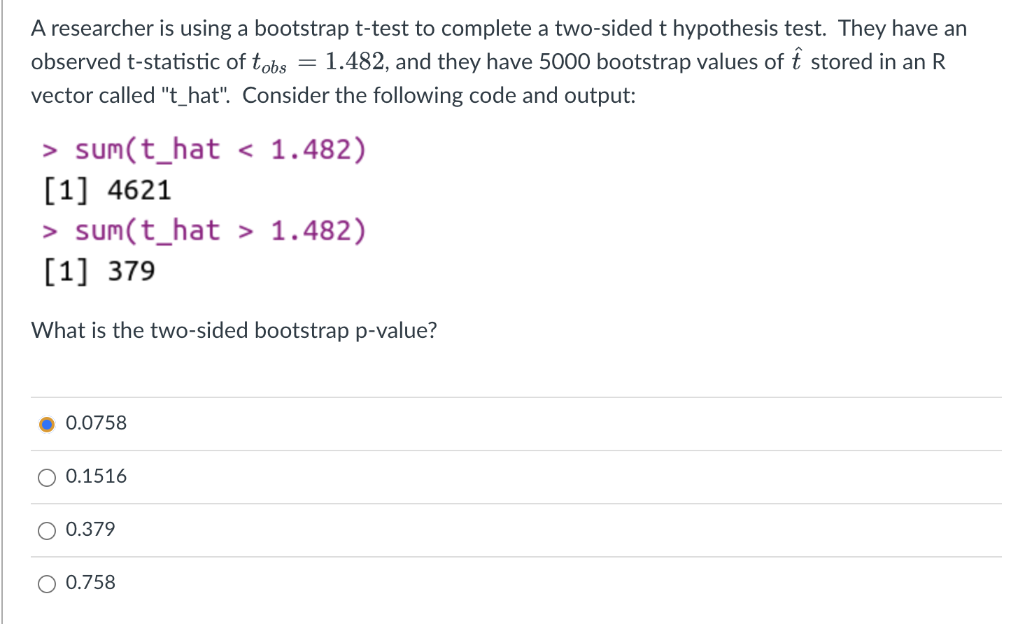 Solved A researcher is using a bootstrap t-test to complete | Chegg.com