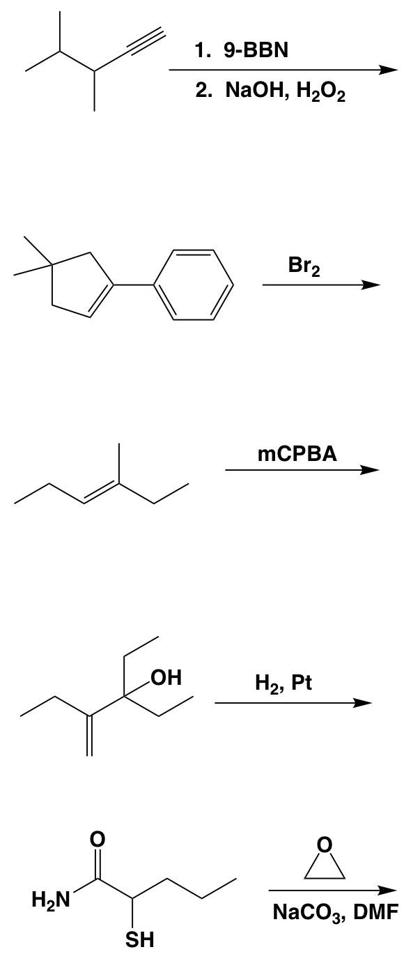 Solved 1. 9-BBN 2. NaOH, H2O2 Br2 mCPBA ОН H2, Pt H2N NaCO3, | Chegg.com