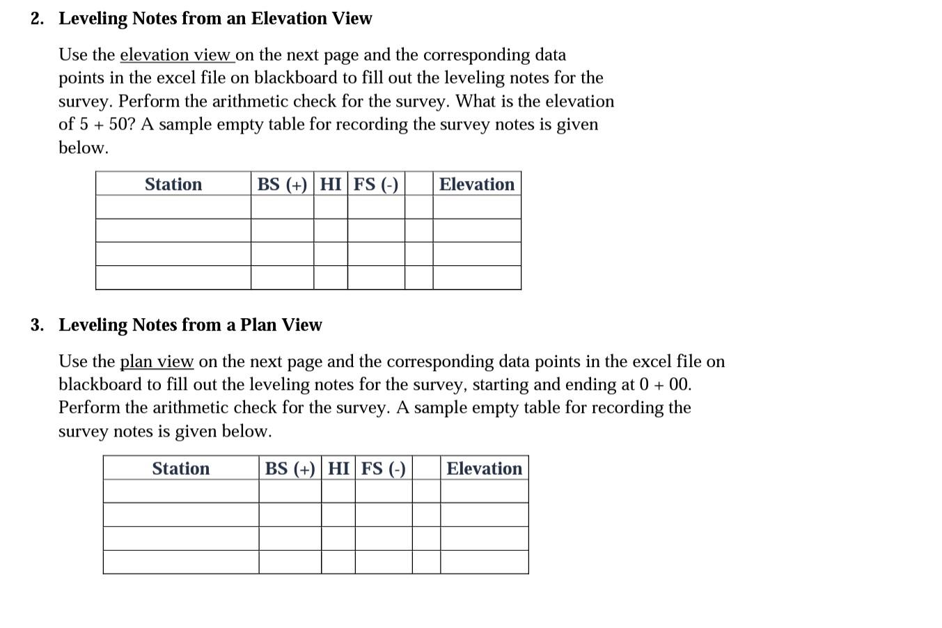 Solved 2. Leveling Notes from an Elevation View Use the | Chegg.com