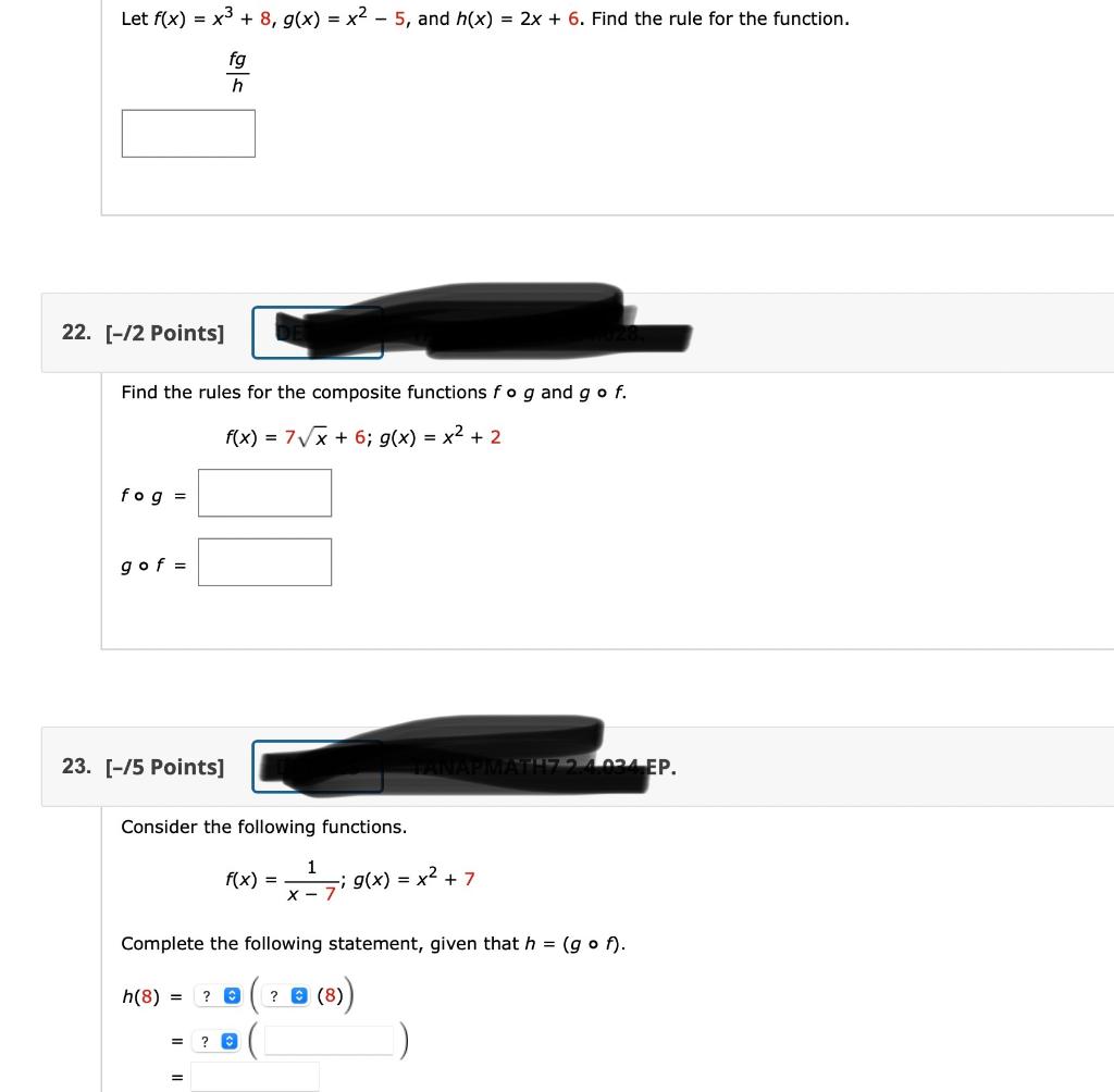 Solved Let f(x) = x3 + 8, 9(x) = x2 - 5, and h(x) = 2x + 6. | Chegg.com