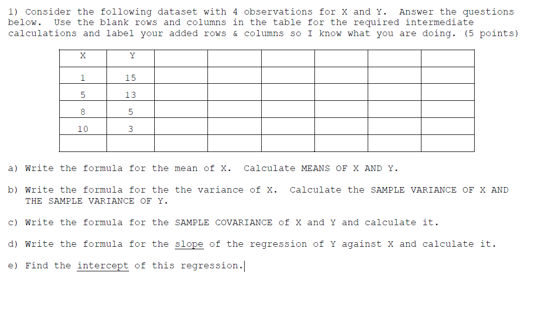 Solved 1) Consider the following dataset with 4 observations | Chegg.com