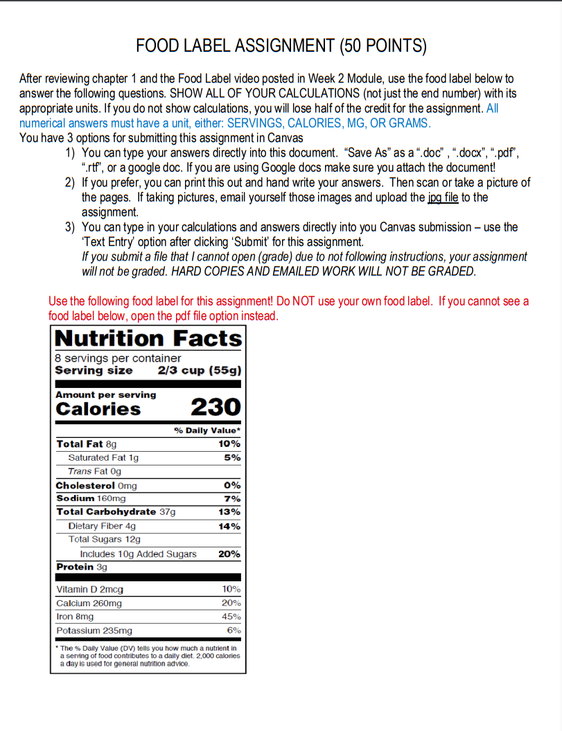 Solved After reviewing chapter 1 and the Food Label video | Chegg.com