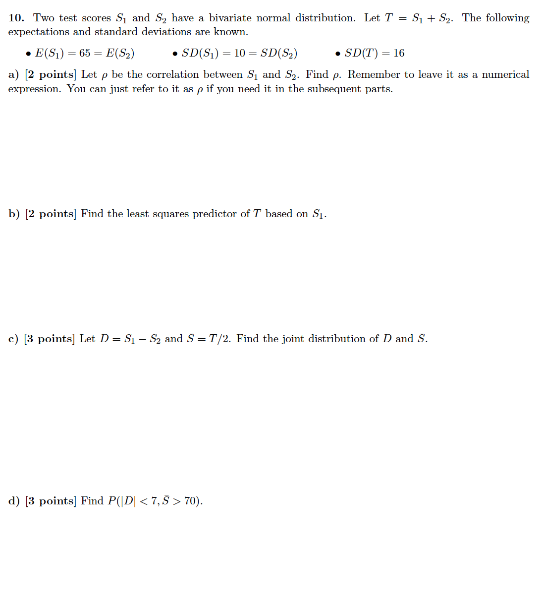 Solved 10. Two test scores S1 and S2 have a bivariate normal | Chegg.com