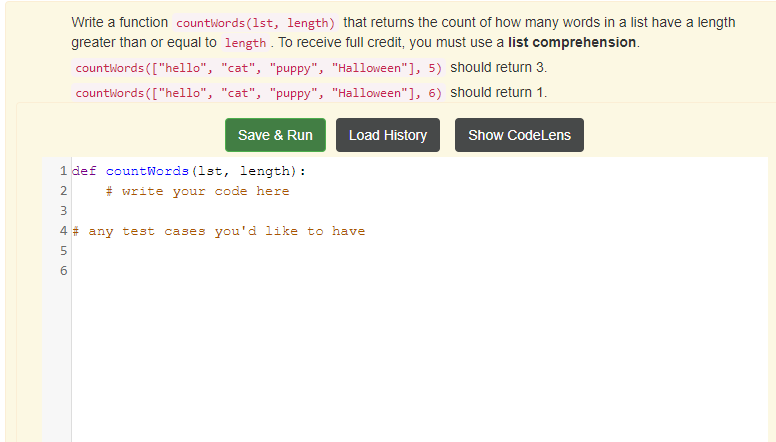 Solved Write a function countWords(1st, length) that returns | Chegg.com