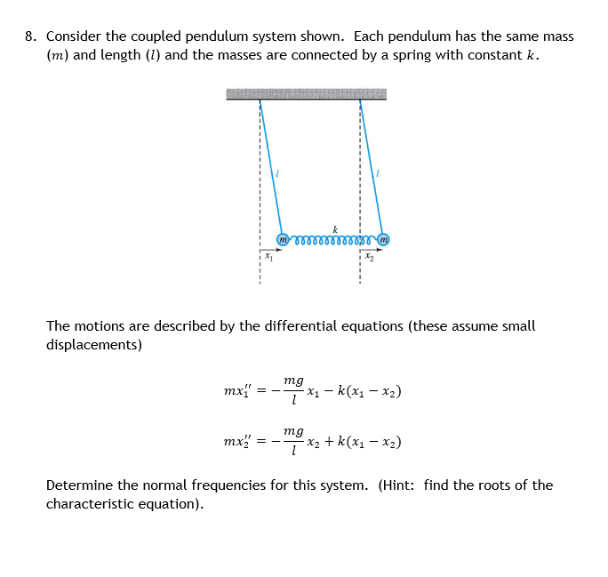 Solved 8. Consider the coupled pendulum system shown. Each | Chegg.com