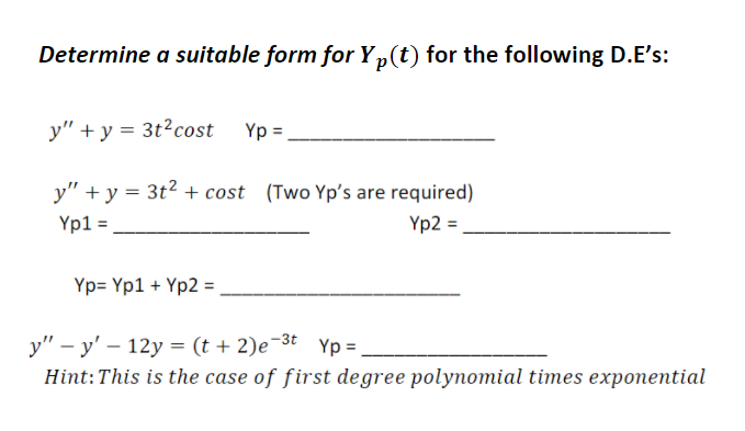 Solved Determine a suitable form for Yp(t) for the following | Chegg.com