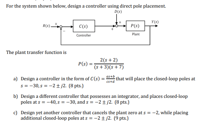 Solved For the system shown below, design a controller using | Chegg.com