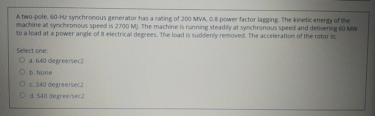 Solved A two-pole, 60-Hz synchronous generator has a rating | Chegg.com