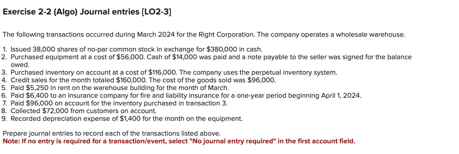Solved Exercise 2-2 (Algo) Journal entries [LO2-3] The | Chegg.com
