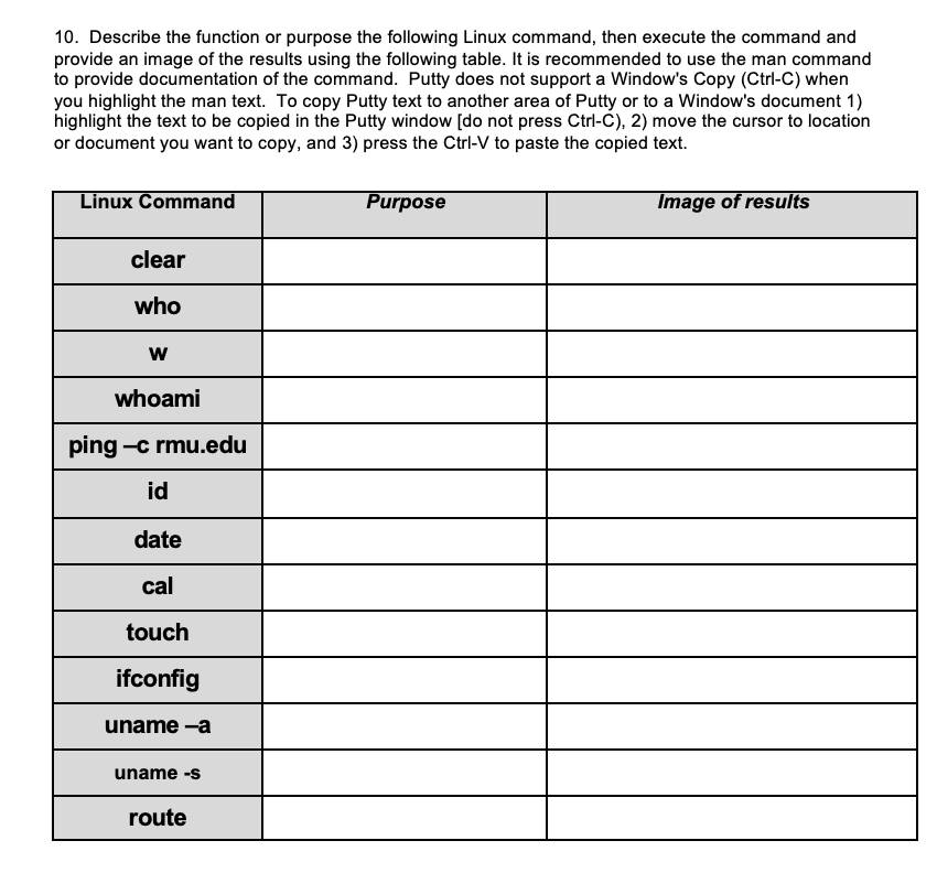 10. Describe the function or purpose the following | Chegg.com