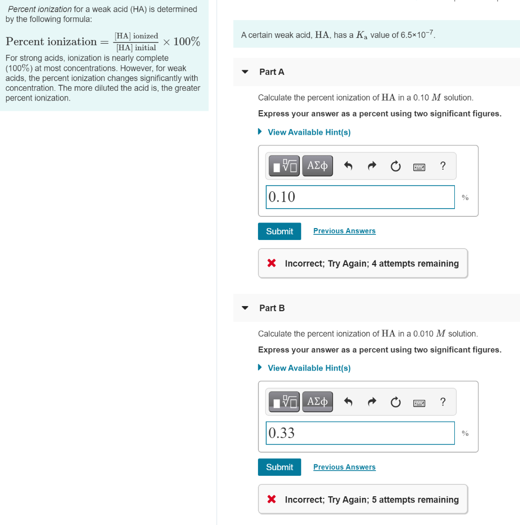 Solved Percent ionization for a weak acid (HA) is determined | Chegg.com