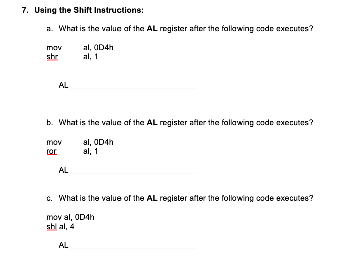Solved 7. Using the Shift Instructions: a. What is the value | Chegg.com
